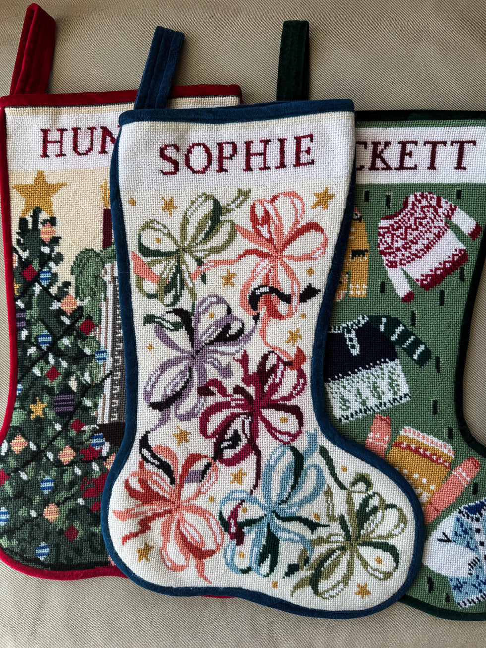Finished Needlepoint Stocking — Ribbons – Spider Spun