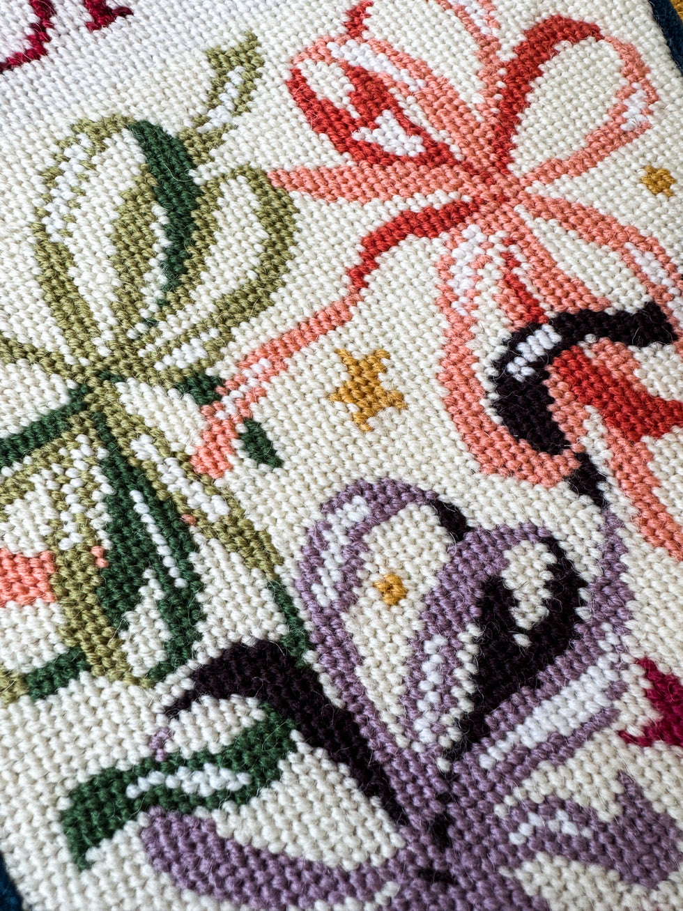 Finished Needlepoint Stocking — Ribbons – Spider Spun