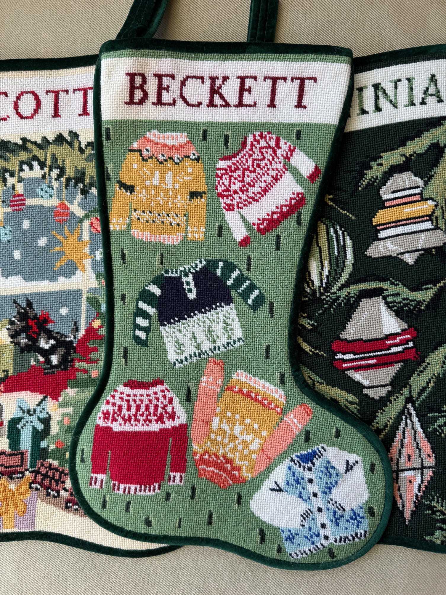 Finished Needlepoint Stocking — Festive Sweaters – Spider Spun