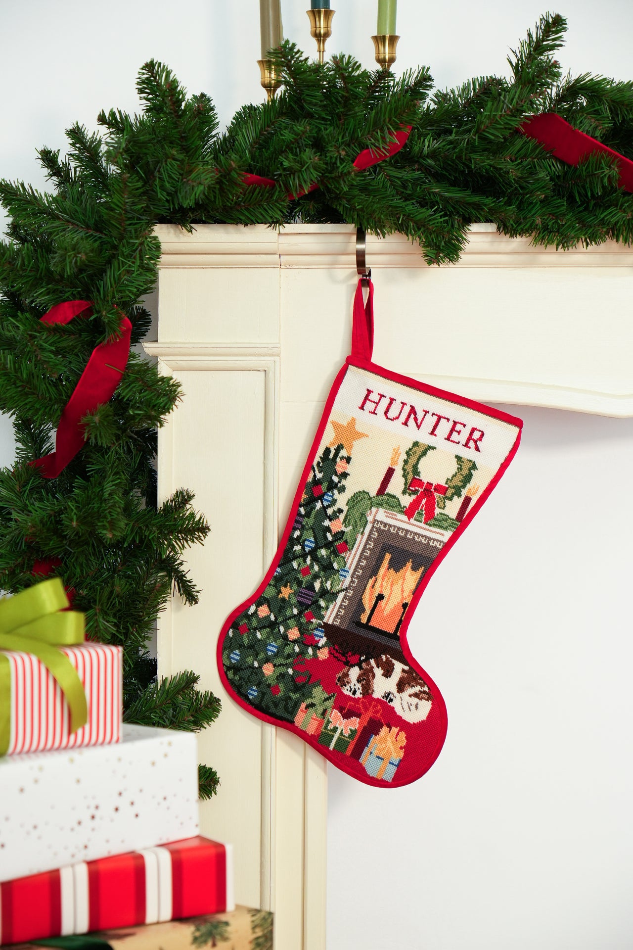 Finished Needlepoint Stocking — Cozy Hearth – Spider Spun