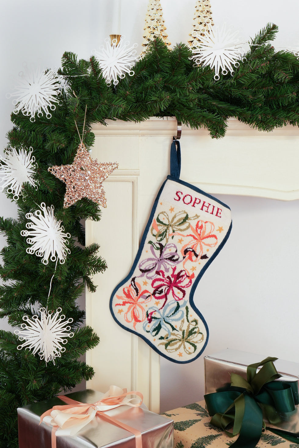 Finished Needlepoint Stocking — Ribbons – Spider Spun